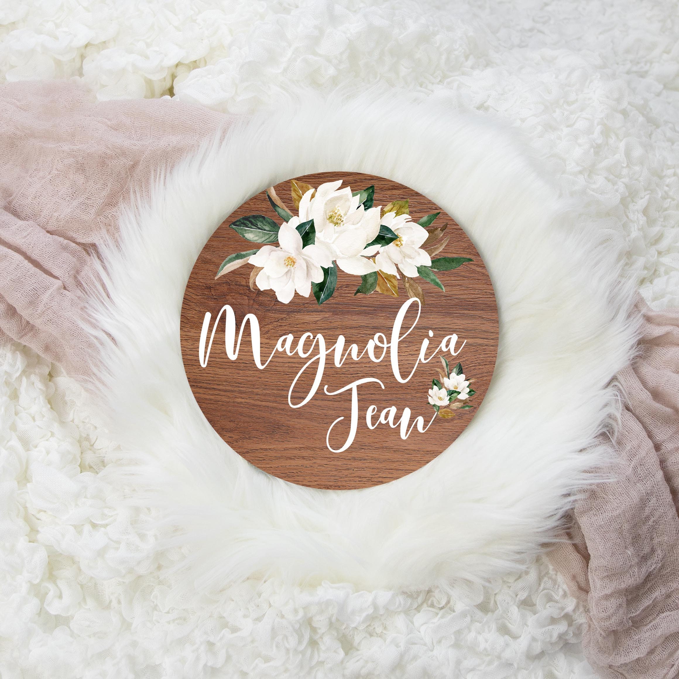 Magnolia Floral Round Wood Name Sign White Magnolia Baby | Etsy