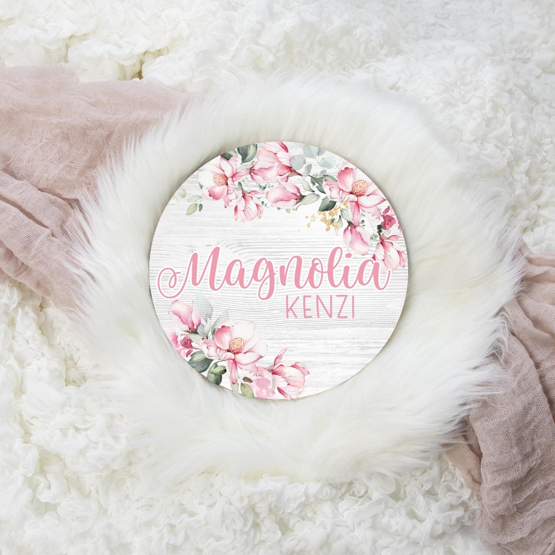 Magnolia Floral Round Wood Name Sign, Pink Magnolia Baby Sign, Round ...