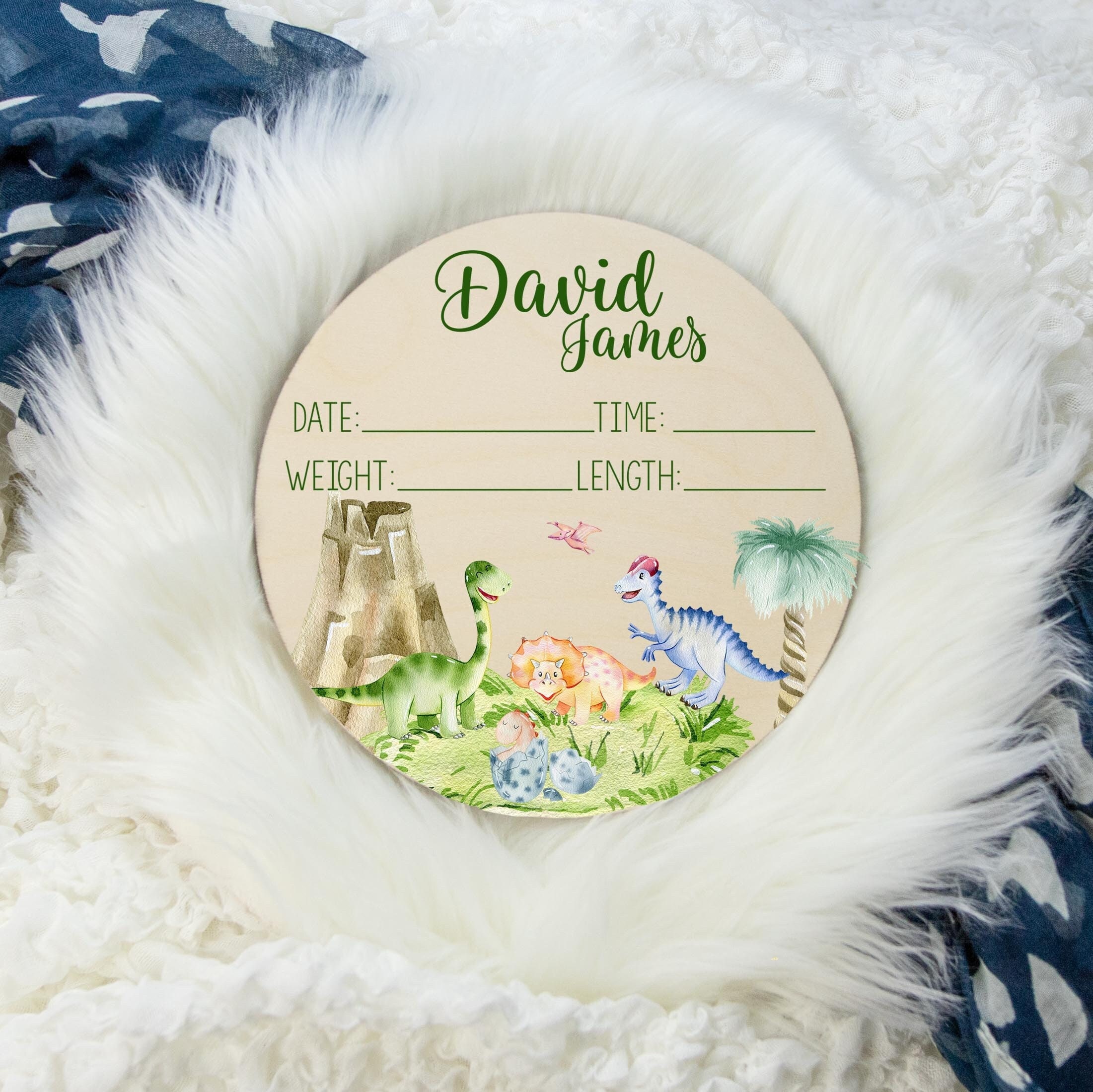 Dinosaur Birth Stat Sign, Birth Stat Sign, Round Wood Birth Stat Sign ...