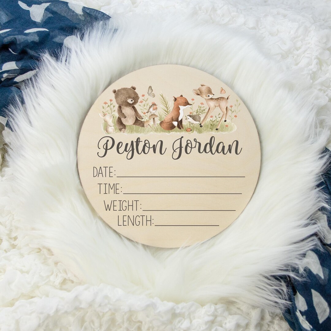 Woodland Birth Stat Sign, Round Wood Birth Stat Sign, Woodland Birth ...