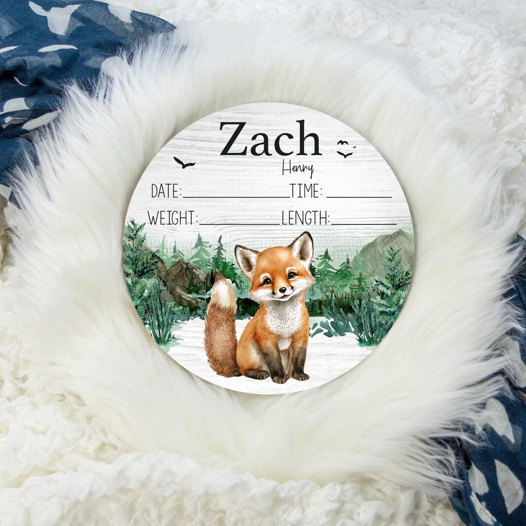 Woodland Fox Birth Stat Sign, Fox Birth Stat Sign, Round Wood Birth ...