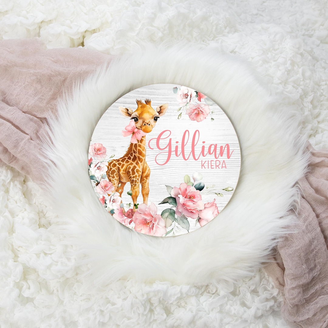 Girl Giraffe Name Sign, Round Wood Name Sign, Floral Giraffe Baby Sign ...
