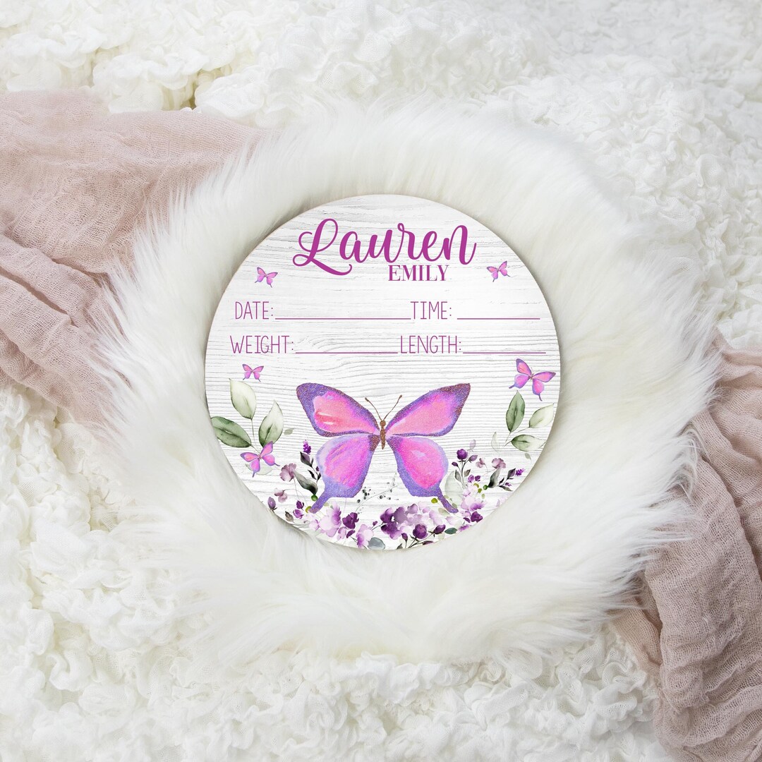 Purple Floral Butterfly Sign, Birth Stat Sign, Round Wood Birth Stat ...