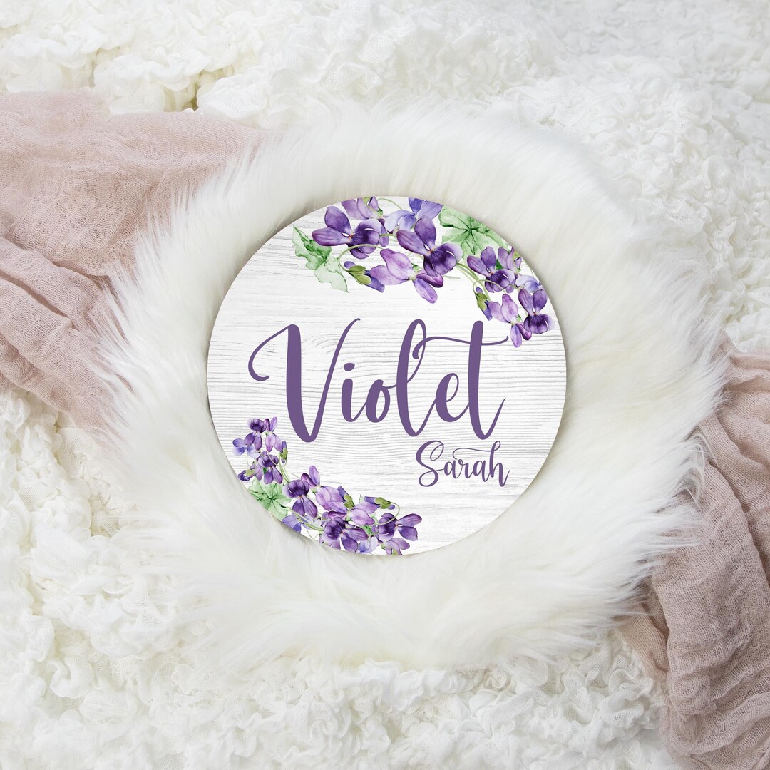 Violet Flowers Round Wood Name Sign, Violets Baby Sign, Round Wood Baby ...