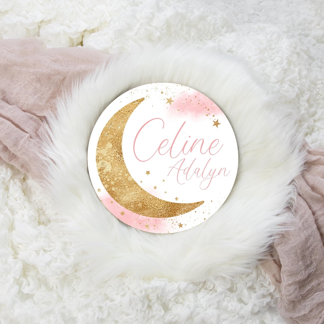 Girl Moon and Stars Round Wood Name Sign, Moon Sign, Pink and Gold Moon ...