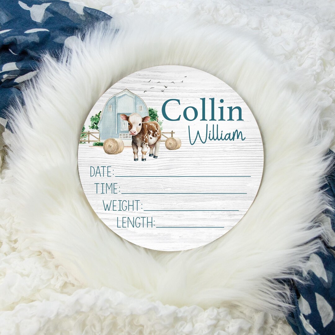 Cow Farm Birth Stat Sign, Round Wood Birth Stat Sign, Farm Animal Birth ...