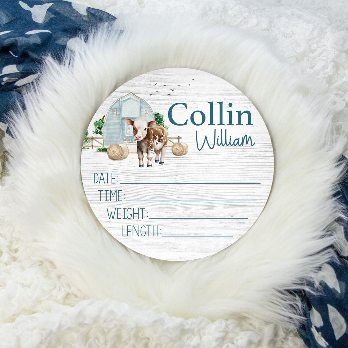 Cow Farm Birth Stat Sign, Round Wood Birth Stat Sign, Farm Animal Birth ...