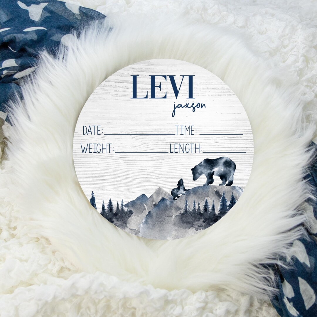 Bear Birth Stat Sign, Round Wood Birth Stat Sign, Mountain Nursery ...