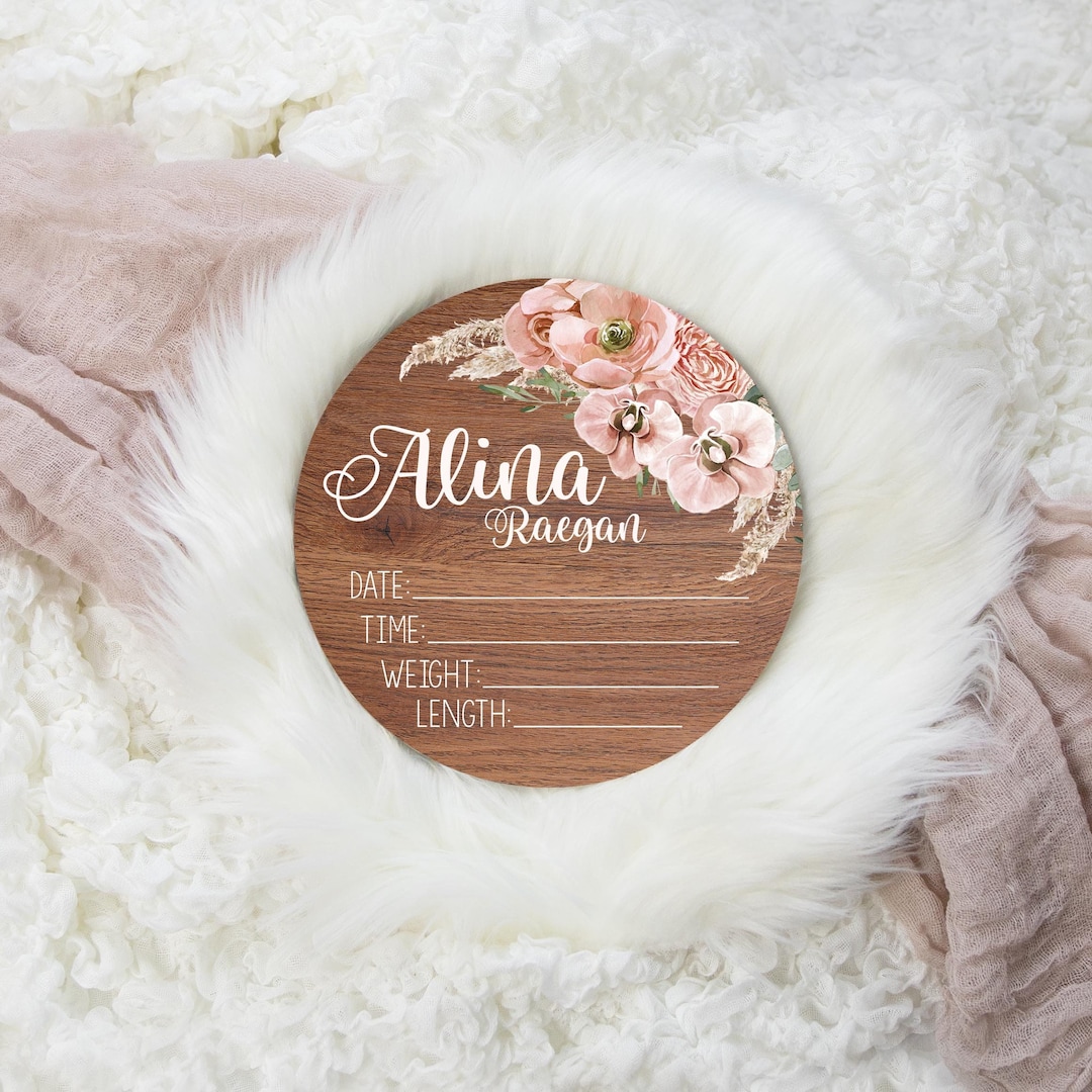 Birth Stat Sign, Round Wood Birth Stat Sign, Boho Pampas Floral Birth ...