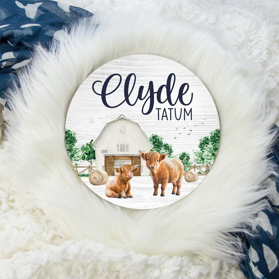 Baby Highland Cow Baby Sign, Round Wood Name Sign, Baby Name Sign ...
