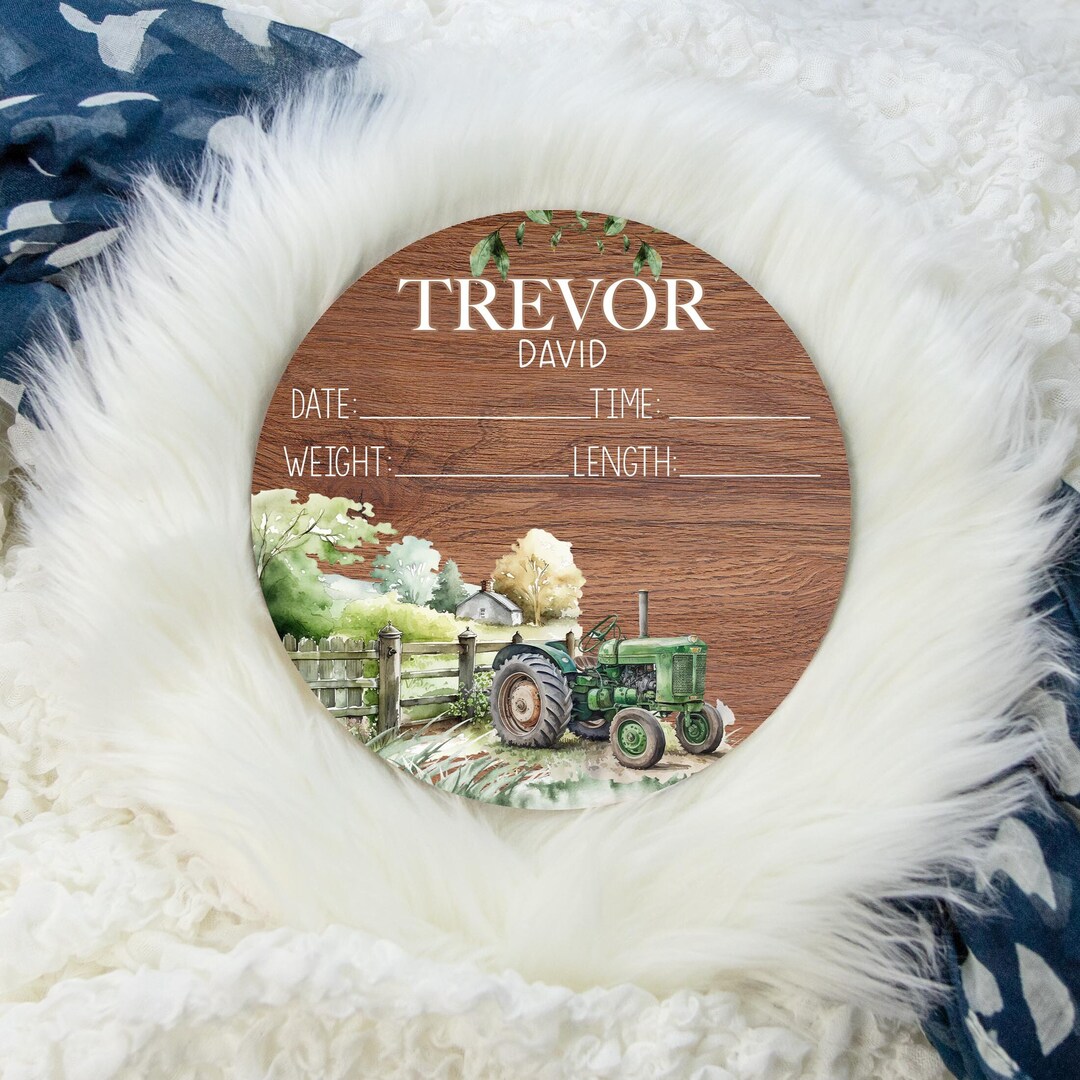 Green Tractor Birth Stat Sign, Birth Stat Sign, Round Wood Birth Stat ...