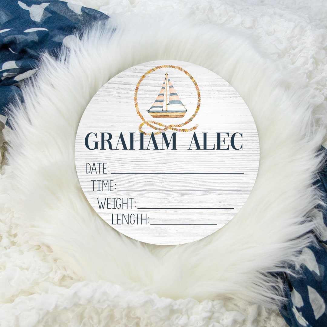 Nautical Sail Boat Birth Stat Sign, Round Wood Birth Stat Sign ...