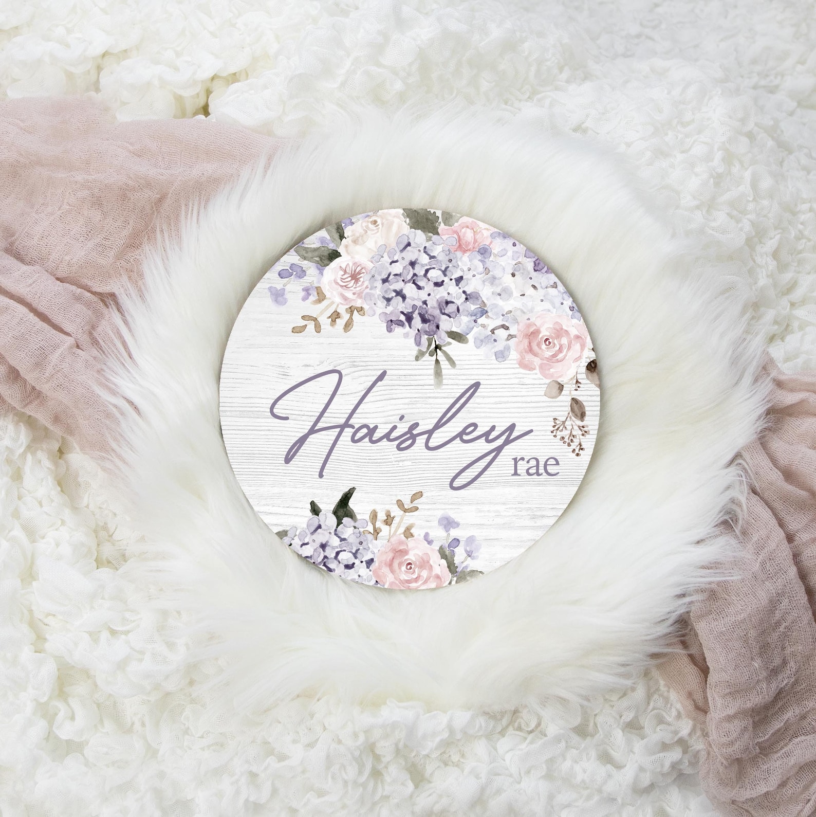 Pink and Purple Hydrangea Round Wood Name Sign Hydrangea Baby - Etsy