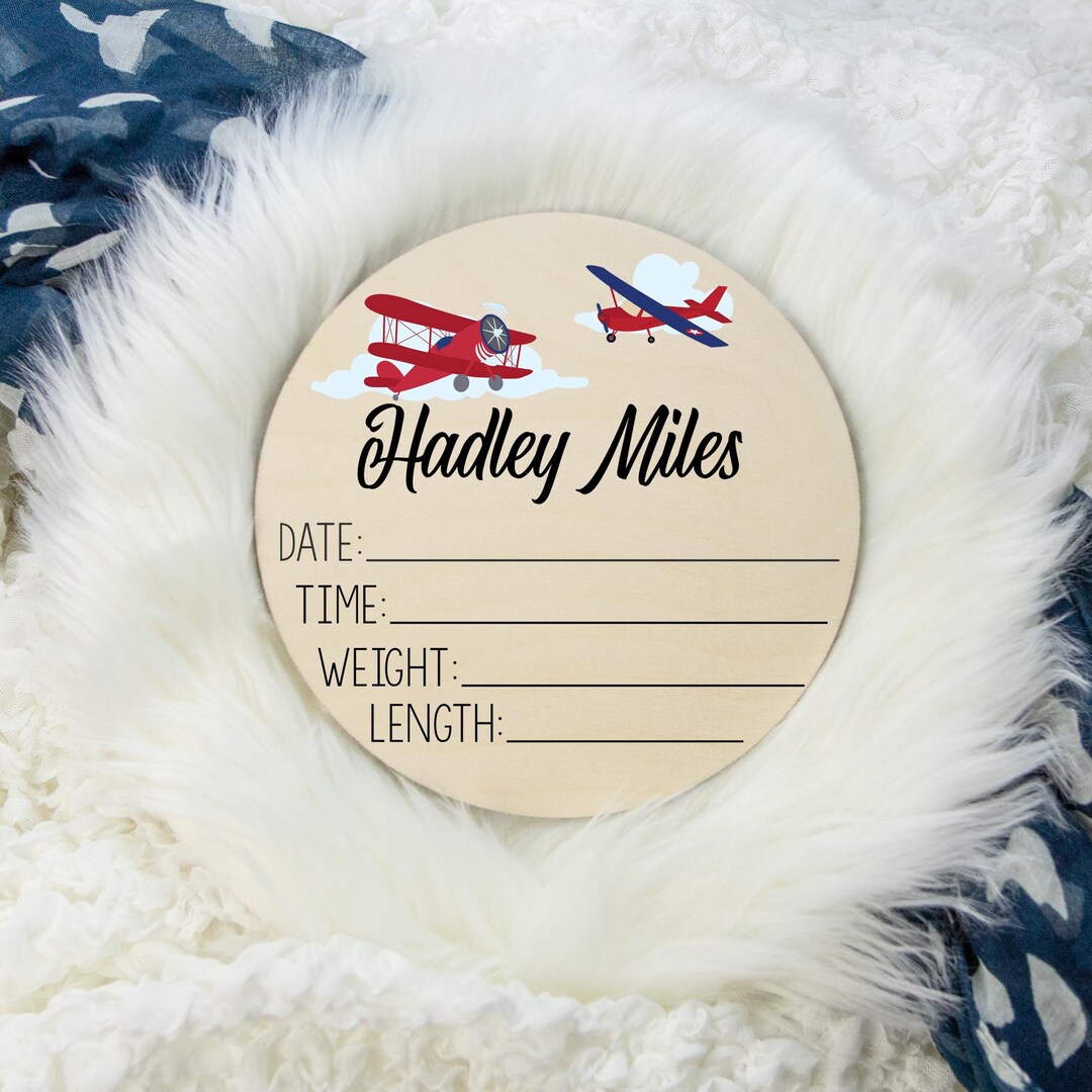 Baby Stat Sign, Round Wood Birth Stat Sign, Airplane Birth Stat Sign ...