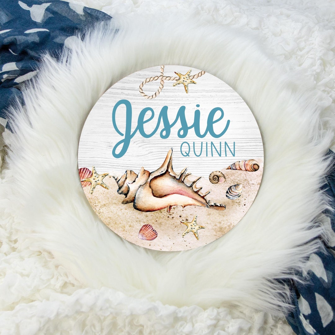 Seashell Beach Name Sign, Round Wood Name Sign, Wood Baby Name Sign ...