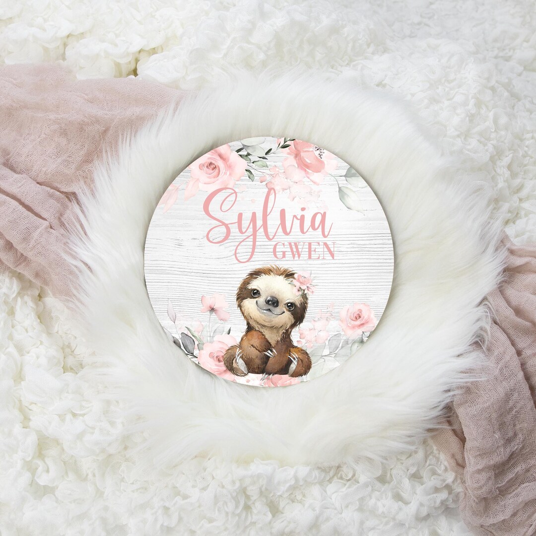 Girl Sloth Round Wood Name Sign, Sloth Baby Sign, Round Wood Baby Name ...