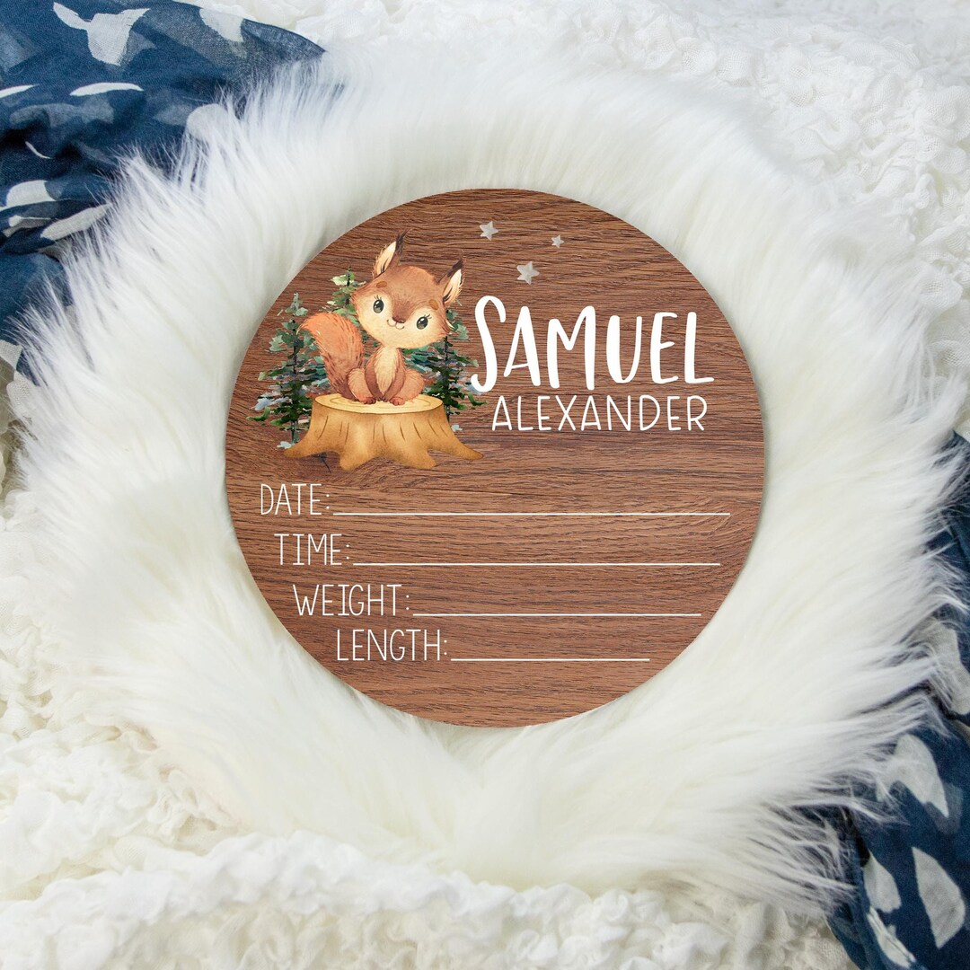 Woodland Squirrel Birth Stat Sign, Round Wood Birth Stat Sign ...