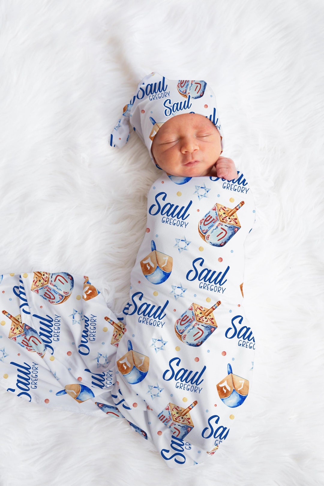 Dreidel Swaddle Set, Hanukkah Baby Blanket, Personalized Jewish Baby ...