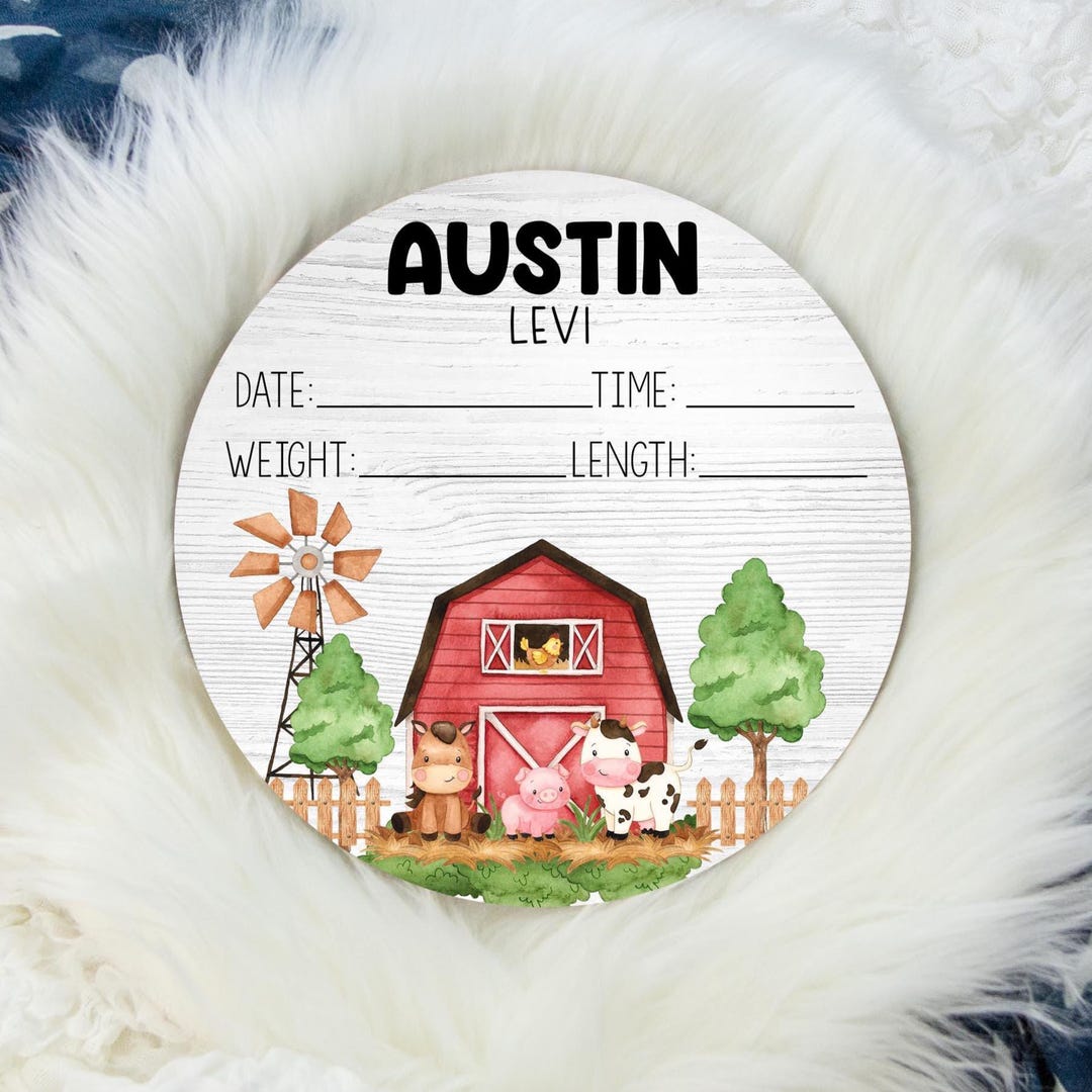 Farm Birth Stat Sign, Round Wood Birth Stat Sign, Farm Animal Birth ...