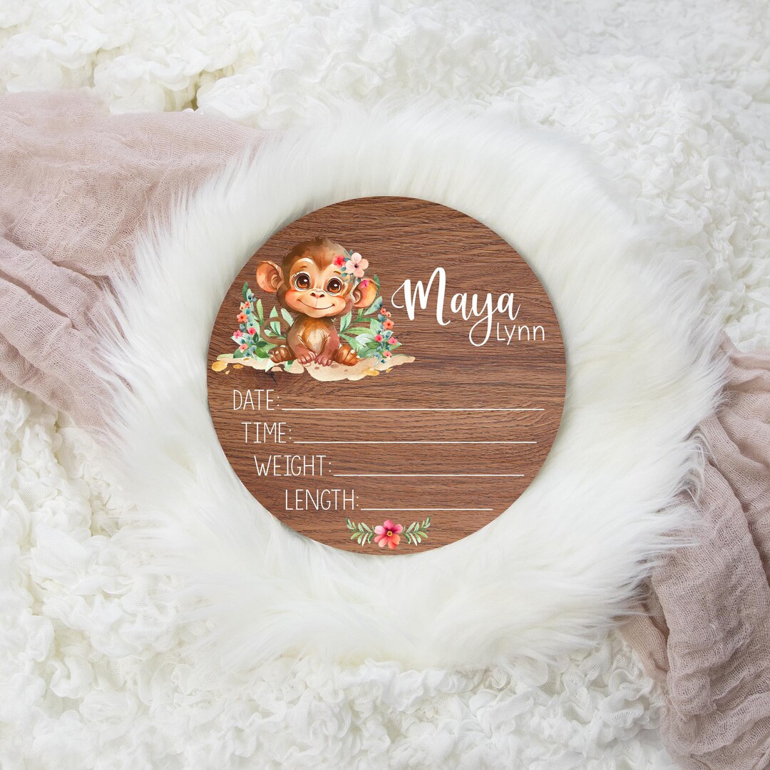 Girl Monkey Birth Stat Sign, Safari Birth Stat Sign, Round Wood Birth ...