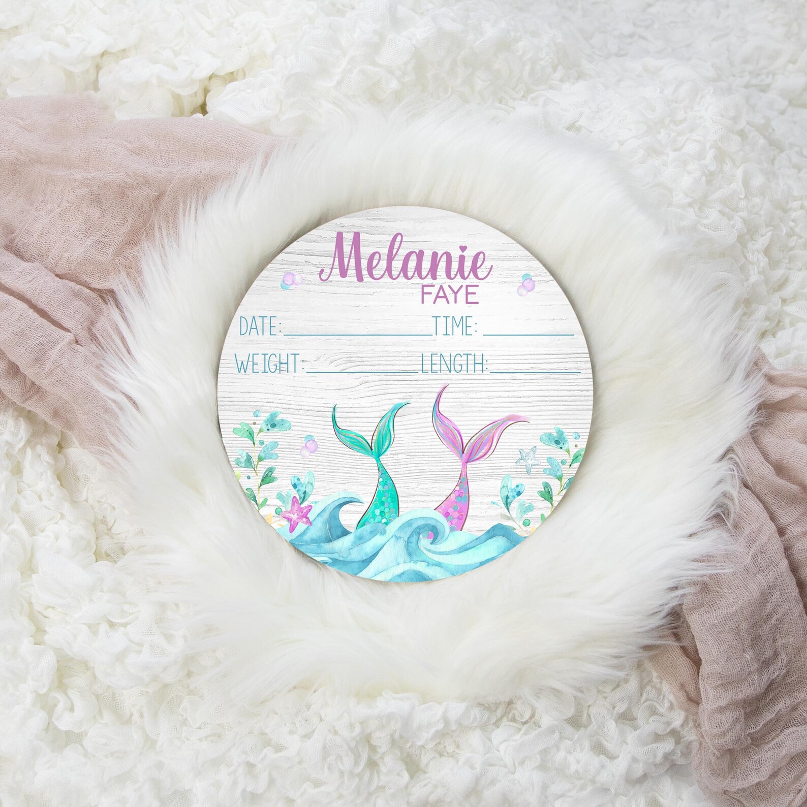 Mermaid Tail Birth Stat Sign, Mermaid Baby Sign, Round Wood Birth Stat ...
