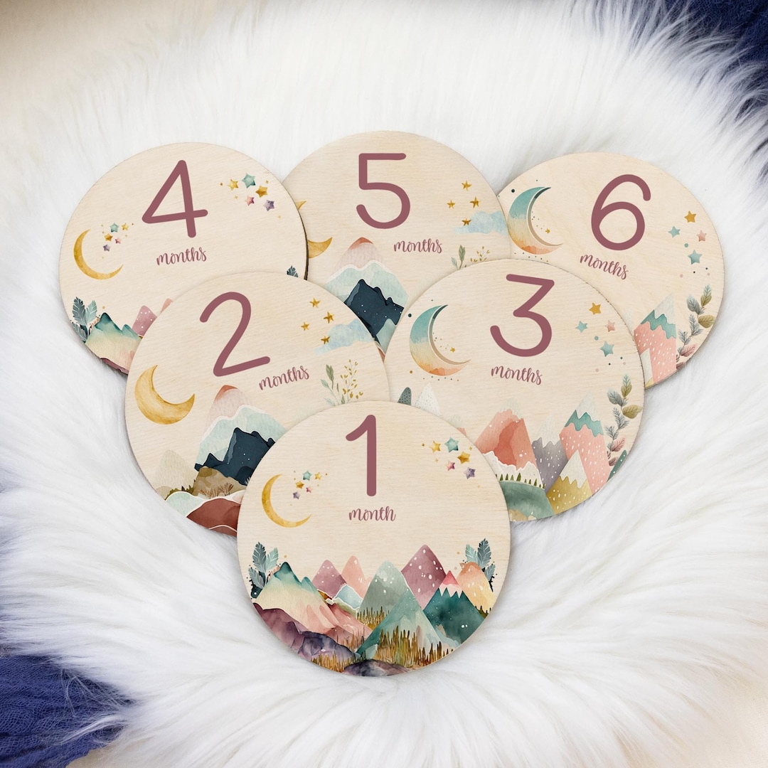 Boho Mountain Milestone Cards, Moon Milestone Markers, Wood Milestone ...