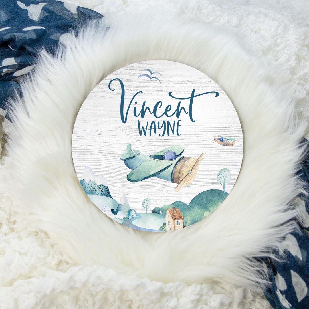 Airplane Name Sign, Round Wood Name Sign, Wood Baby Name Sign, Airplane ...