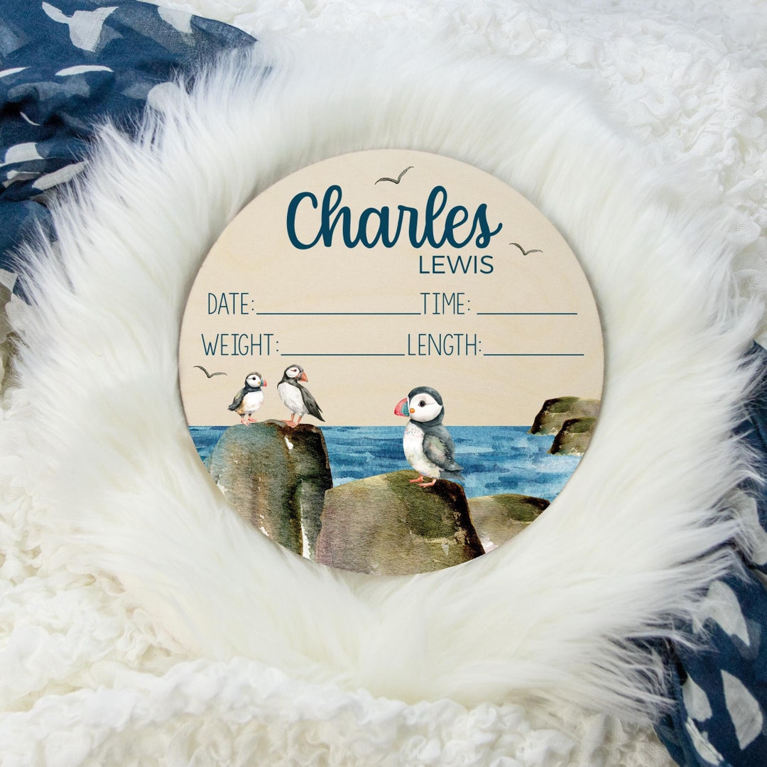 Puffin Birth Stat Sign, Birth Stat Sign, Round Wood Stat Sign, Sea ...