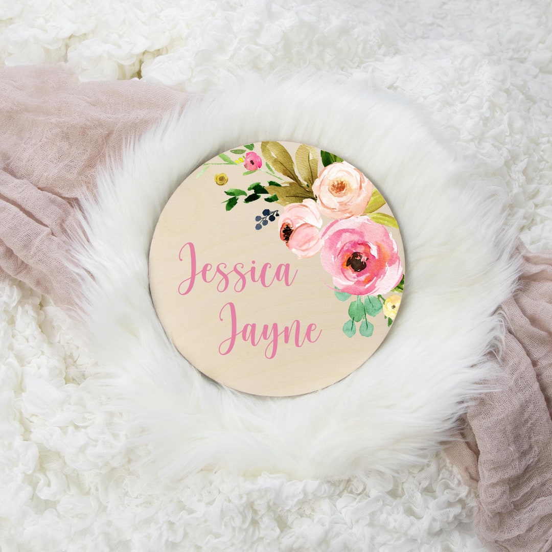 Pink Floral Round Wood Name Sign, Pink Floral Baby Sign, Round Wood ...
