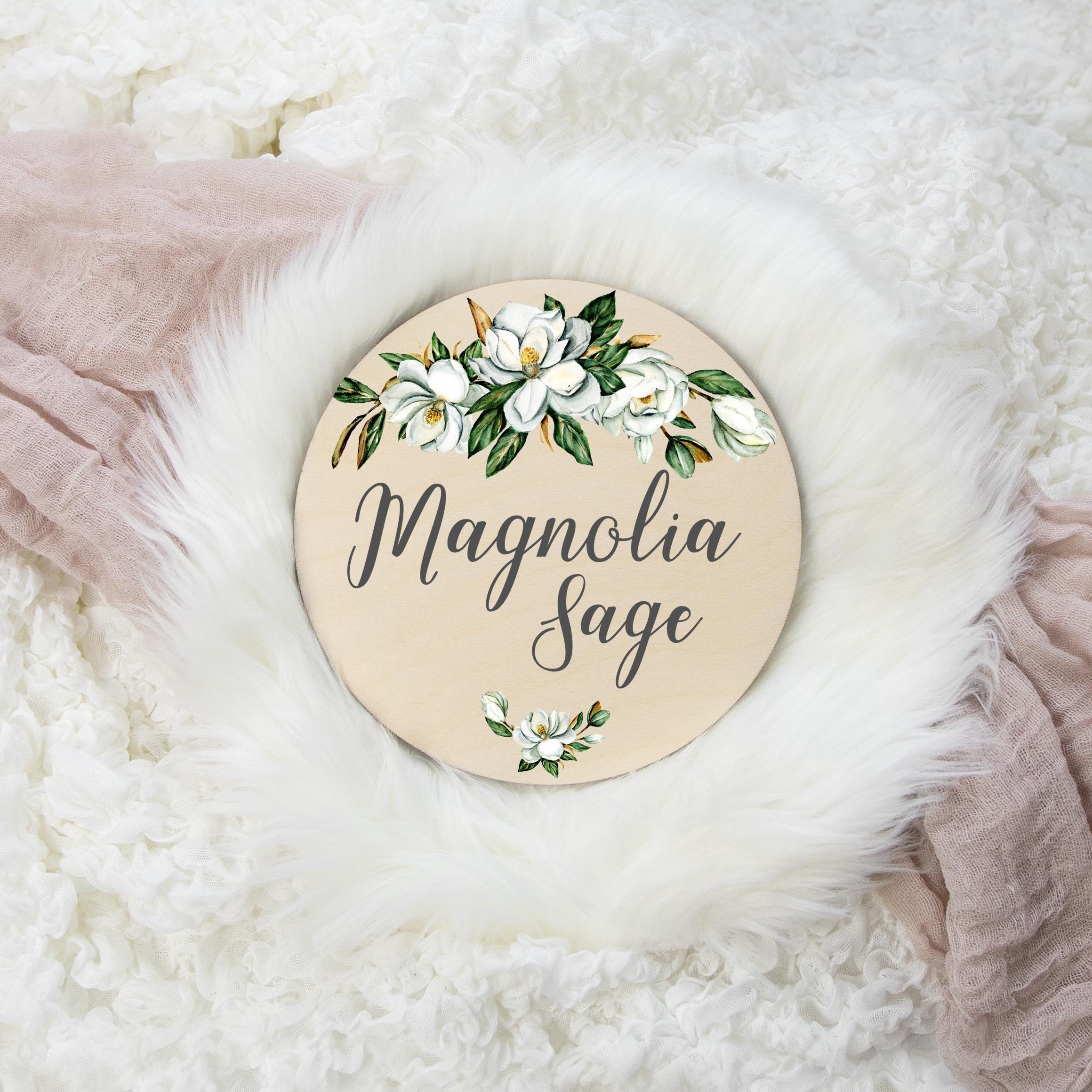 Magnolia Floral Round Wood Name Sign Mint Magnolia Baby Sign | Etsy