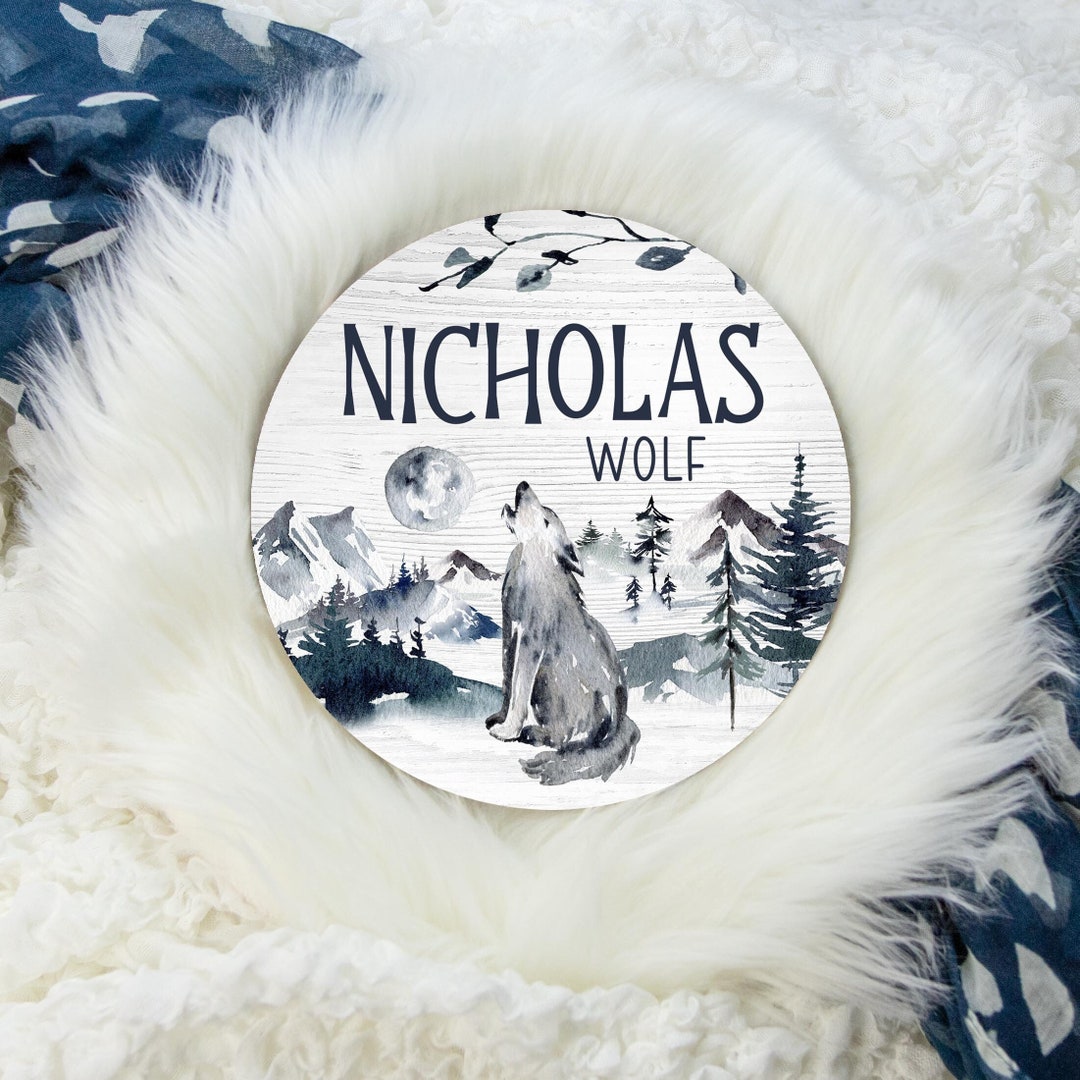 Wolf Mountain Baby Sign, Round Wood Name Sign, Wood Baby Name Sign ...