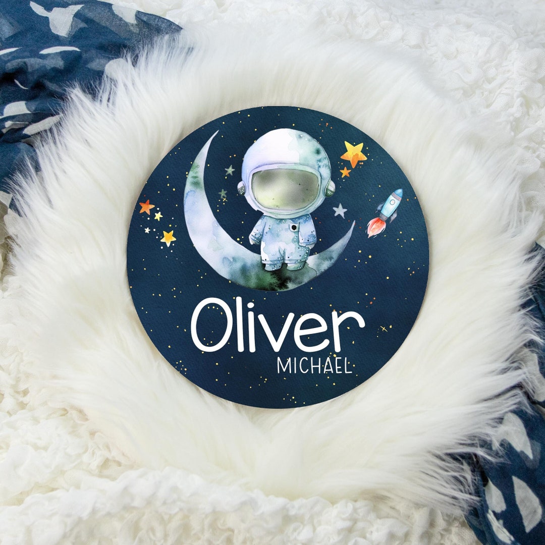 Outer Space Name Sign, Astronaut Moon Baby Sign, Round Wood Baby Name ...