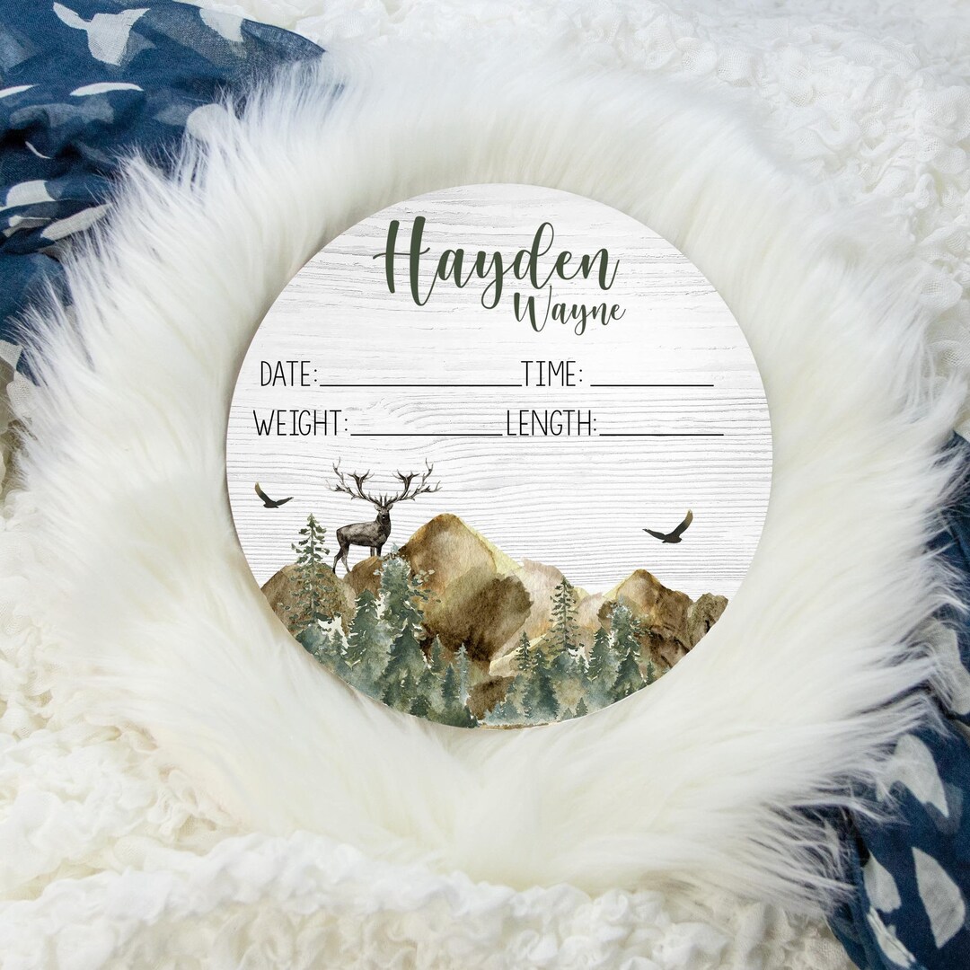Woodland Mountain Birth Stat Sign, Round Wood Stat Sign, Stag Woodland ...
