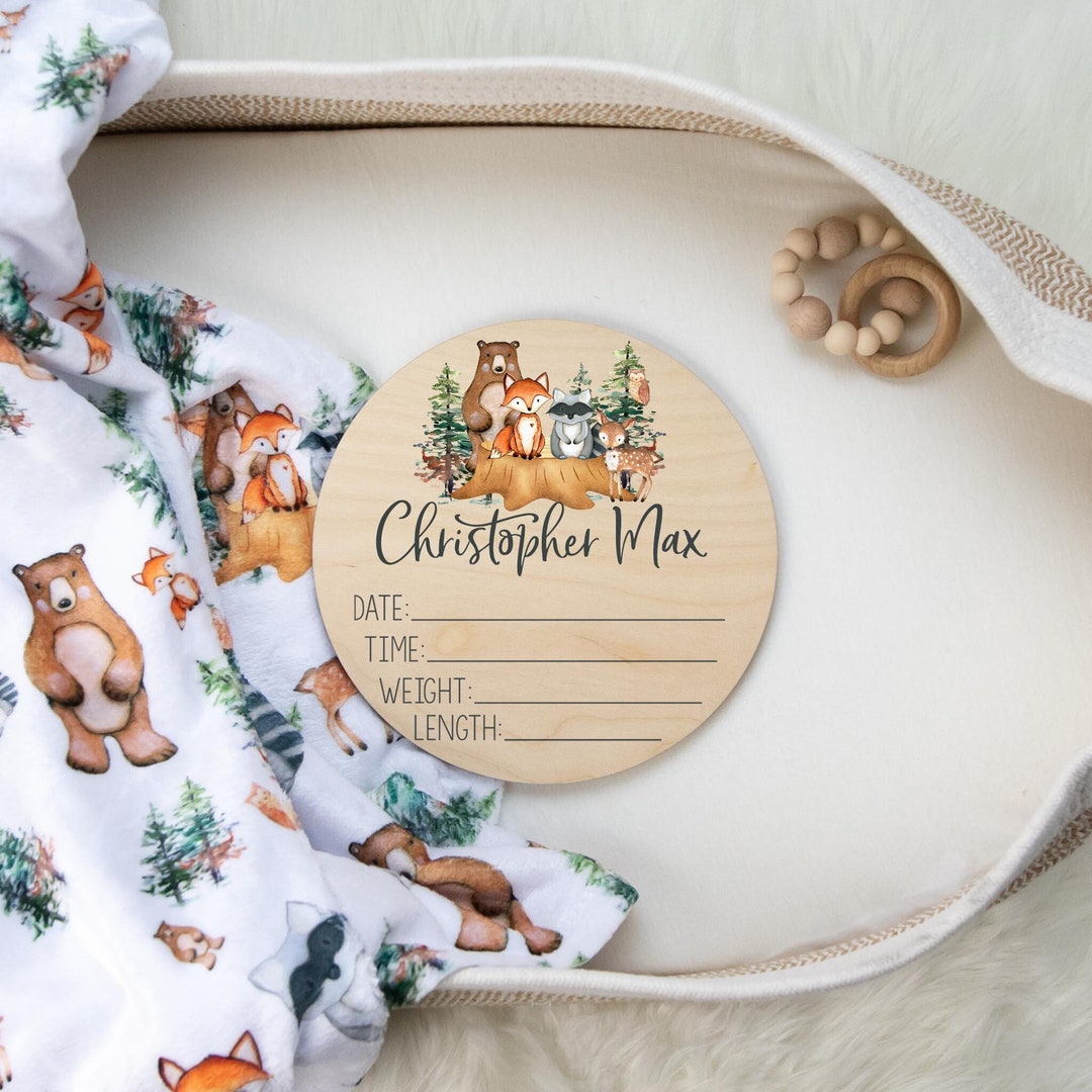 Woodland Birth Stat Sign, Round Wood Birth Stat Sign, Woodland Birth ...