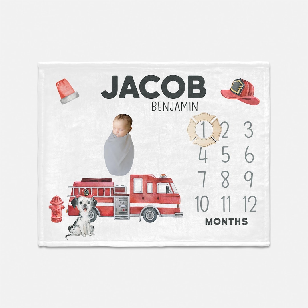 Fireman Baby Milestone Blanket, Fire Truck Baby Blanket, Baby Milestone ...