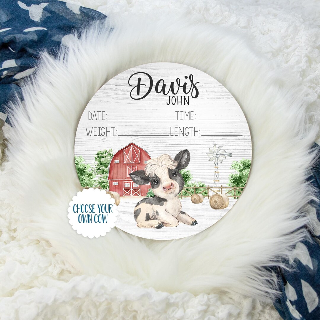 Cow Birth Stat Sign, Birth Stat Sign, Round Wood Birth Stat Sign, Farm ...