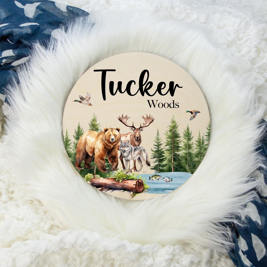 Woodland Animal Name Sign, Woodland Nursery Baby Sign, Round Wood Name ...