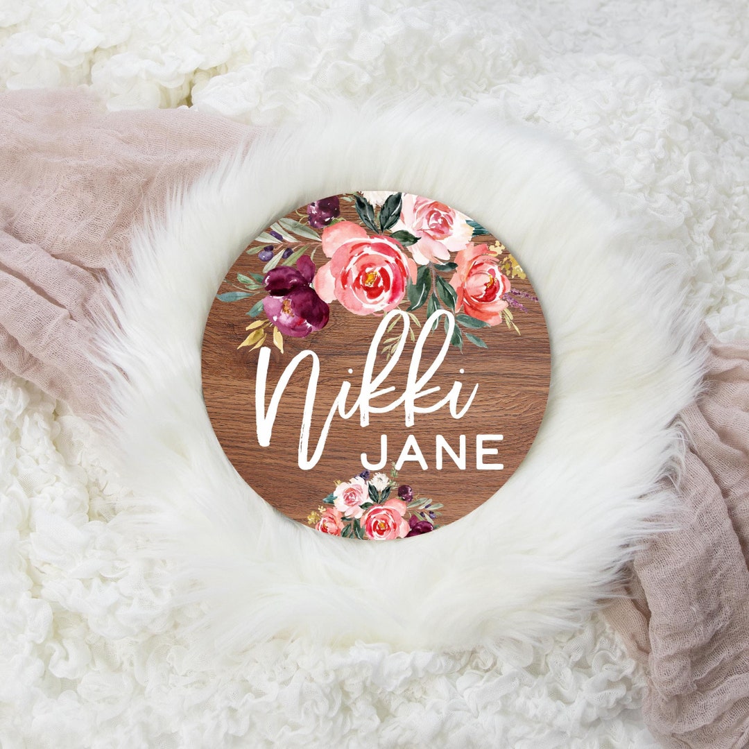 Pink Floral Round Wood Name Sign, Pink Rose Baby Sign, Round Wood Baby ...