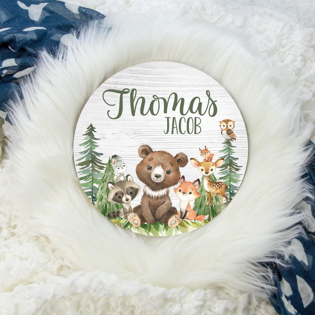 Woodland Animal Name Sign, Woodland Nursery Baby Sign, Round Wood Name ...
