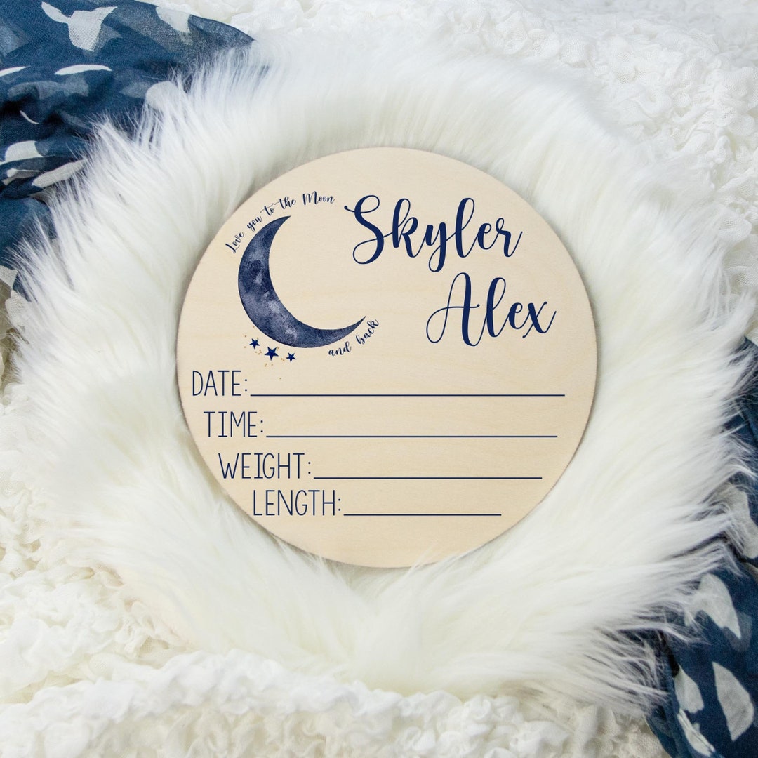 Birth Stat Sign, Round Wood Birth Stat Sign, Moon and Stars Nursery ...