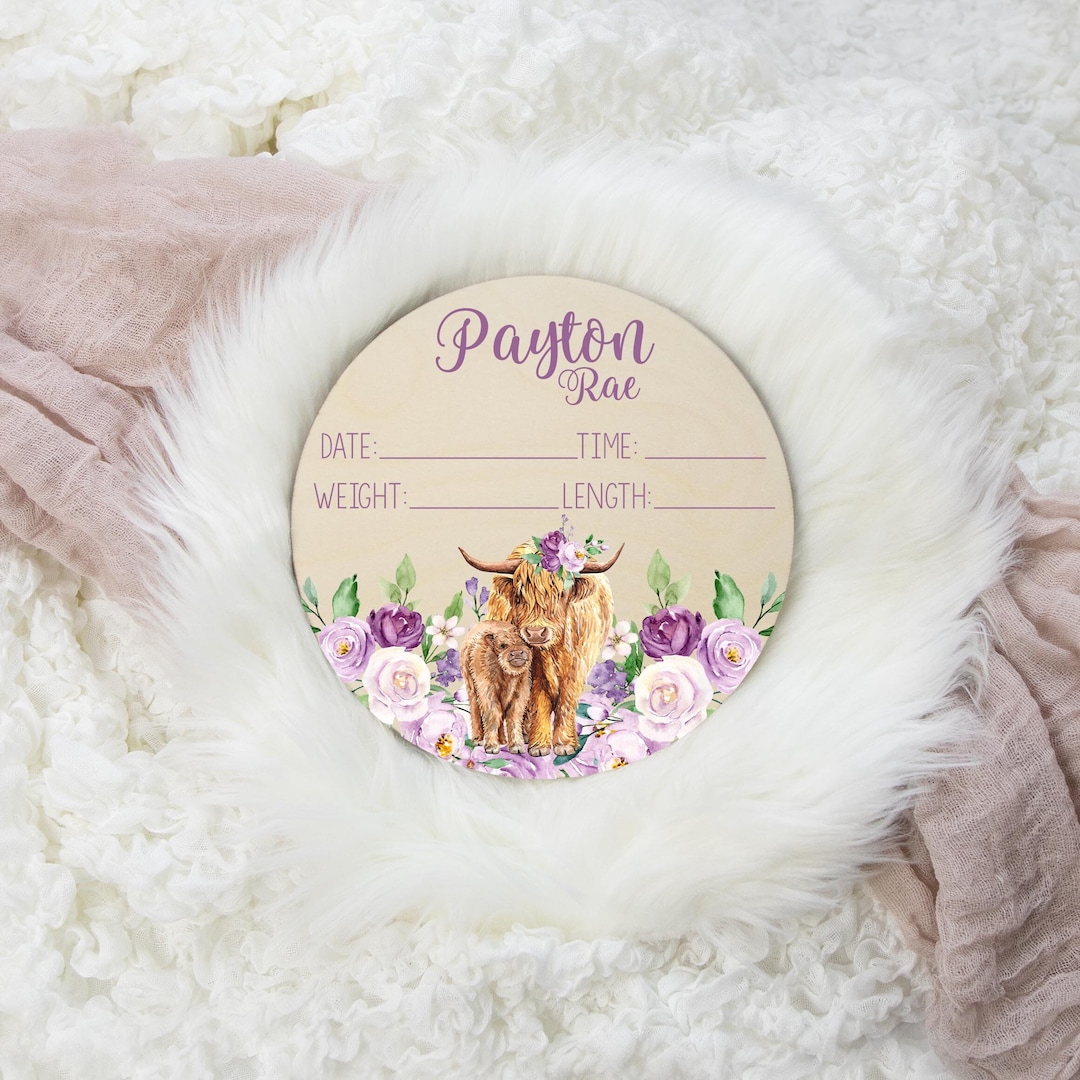 Floral Highland Cow Birth Stat Sign, Cow Birth Stat Sign, Wood Birth ...