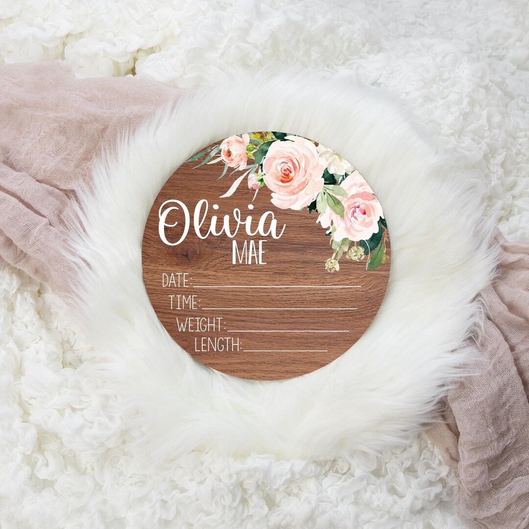 Girl Birth Stat Sign, Blush Pink Floral Birth Stat Sign, Round Wood ...