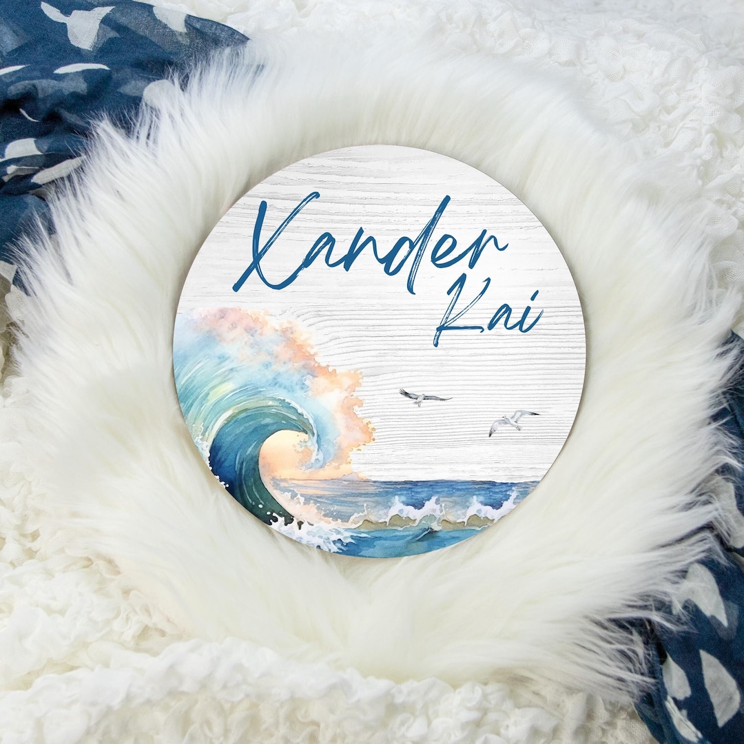 Ocean Waves Round Wood Name Sign, Surfer Baby Sign, Round Wood Baby ...