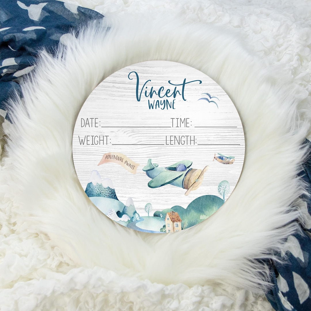 Airplane Birth Stat Sign, Round Wood Birth Stat Sign, Airplane Nursery ...