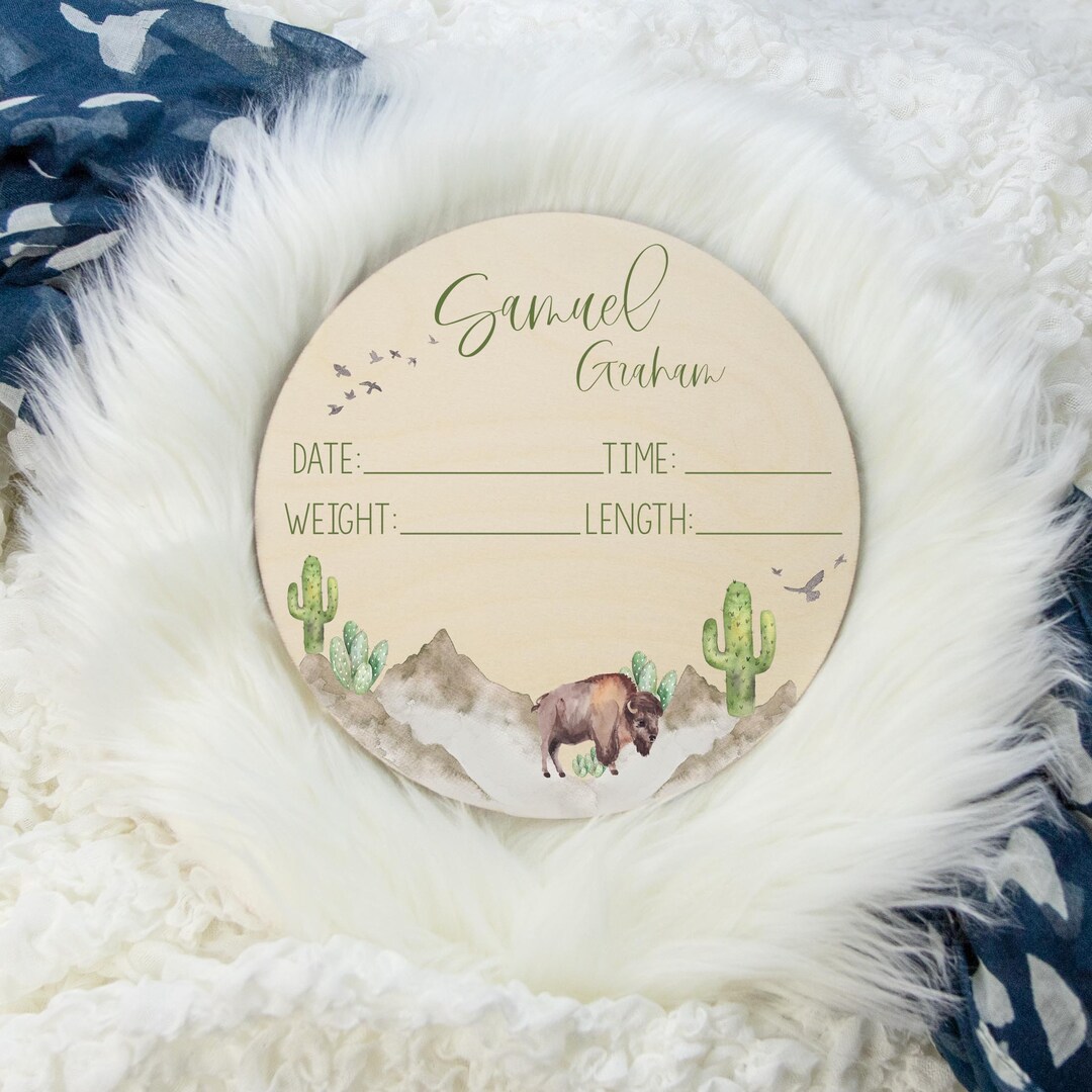 Birth Stat Sign, Round Wood Birth Stat Sign, Boy Buffalo Cactus Stat ...