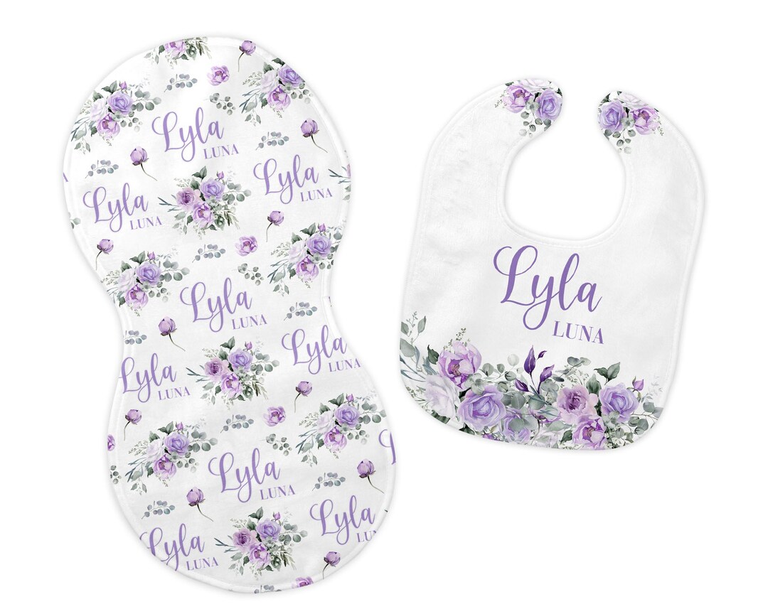 Lavender Rose Bouquet Flowers Bib and Burp Cloth Set, Roses Bib, Roses ...