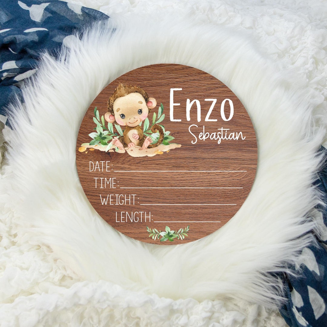 Monkey Birth Stat Sign, Safari Birth Stat Sign, Round Wood Birth Stat ...