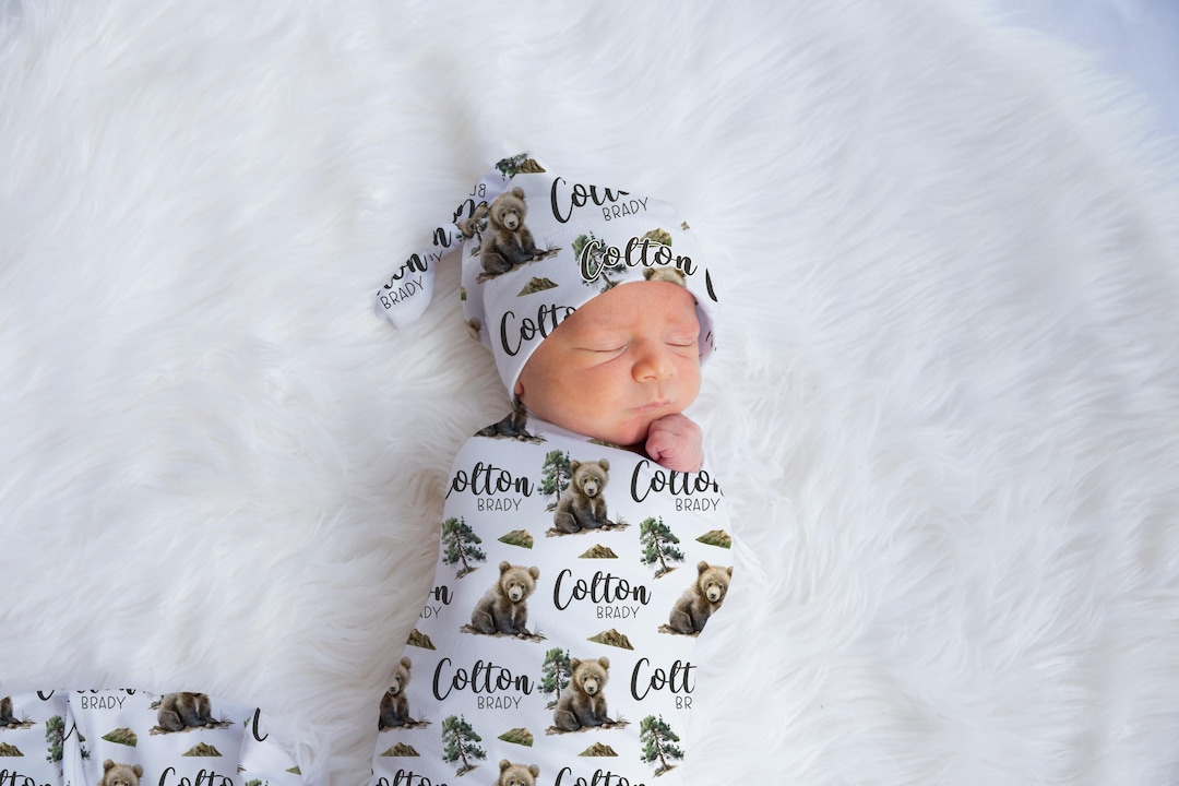 Woodland Swaddle Set, Bear Baby Blanket, Personalized Swaddle Blanket ...