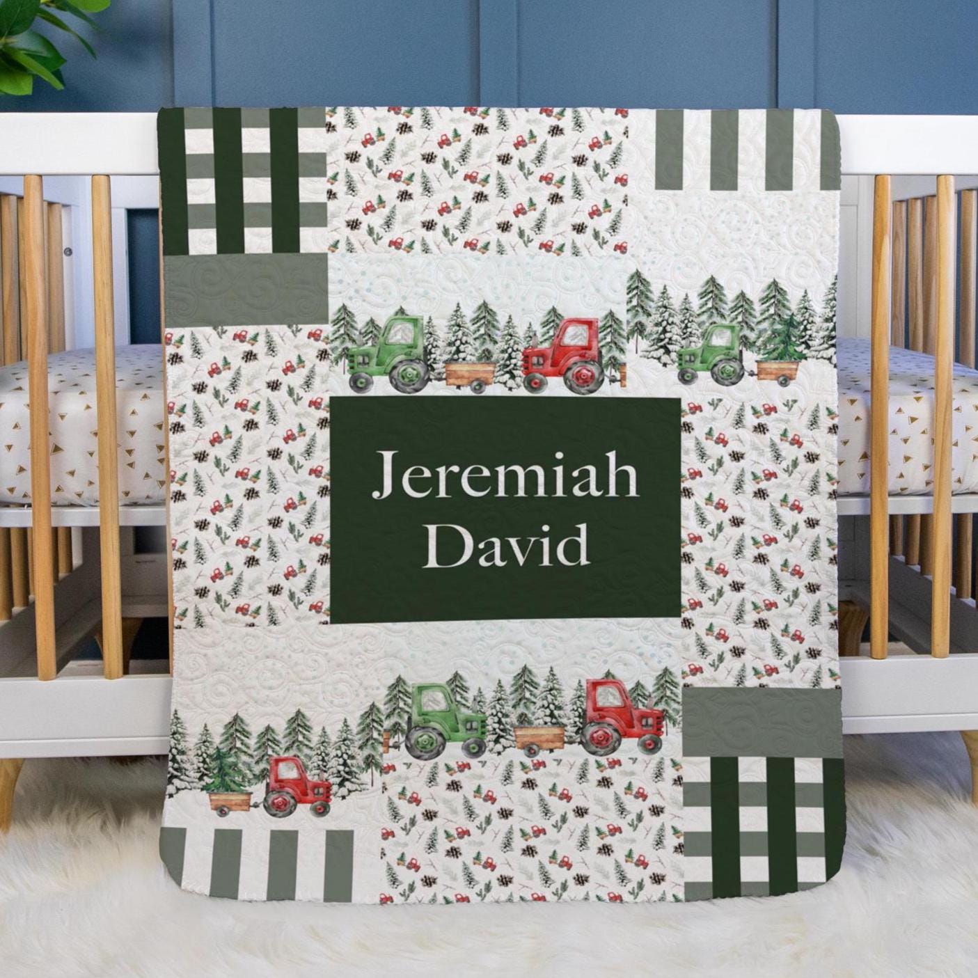 Christmas Tractor Baby Quilt, Personalized Christmas Tractor Baby Quilt ...