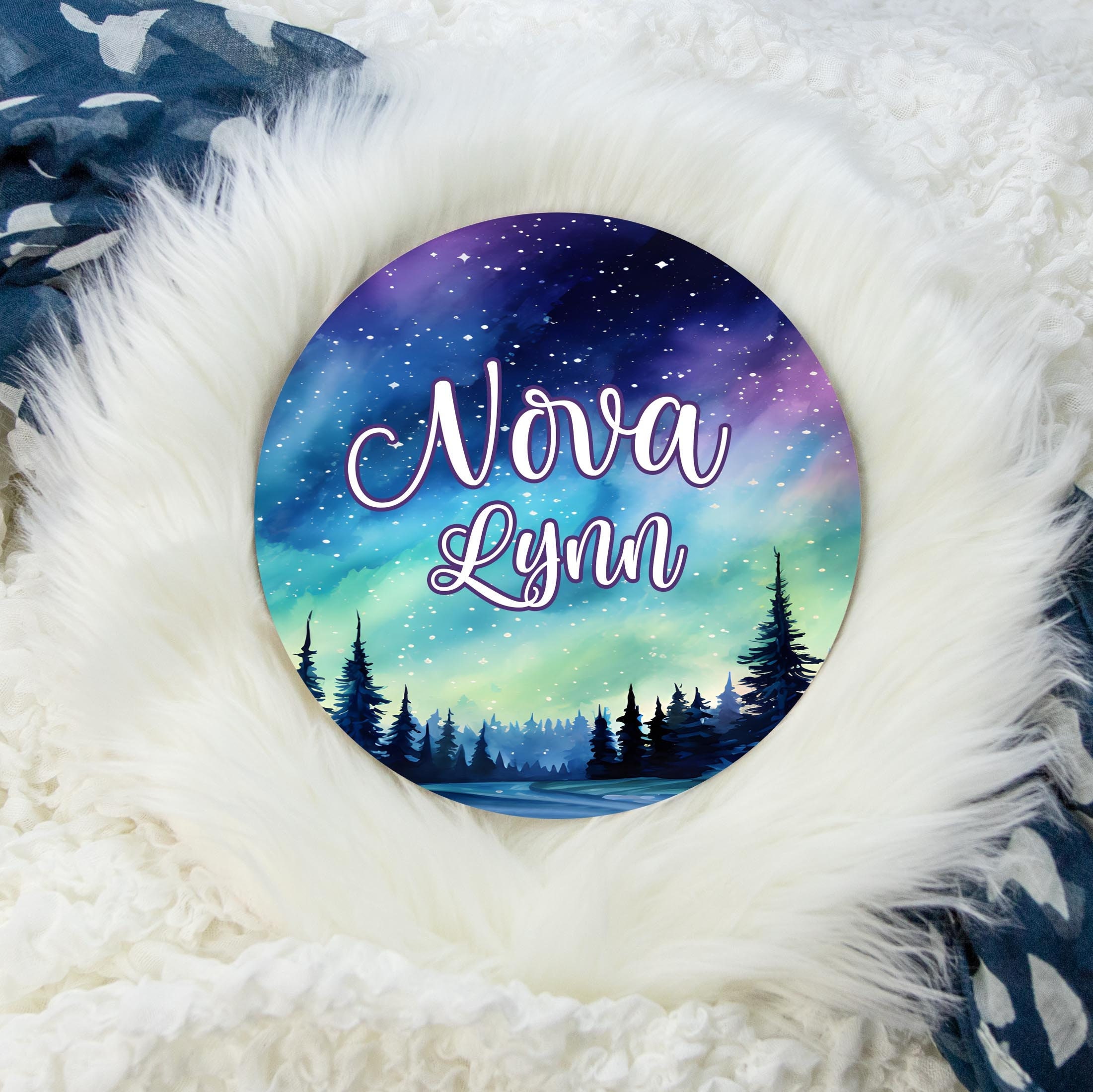 Northern Lights Round Wood Name Sign, Night Sky Baby Sign, Round Wood ...